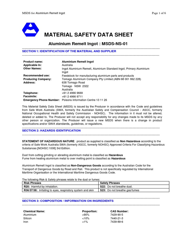 Material Safety Data Sheet: Aluminium Remelt Ingot: MSDS-NS-01 | PDF ...