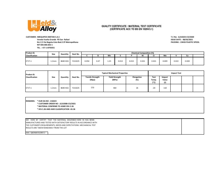 Quality Certificate / Material Test Certificate (Certificate Acc To Bs ...