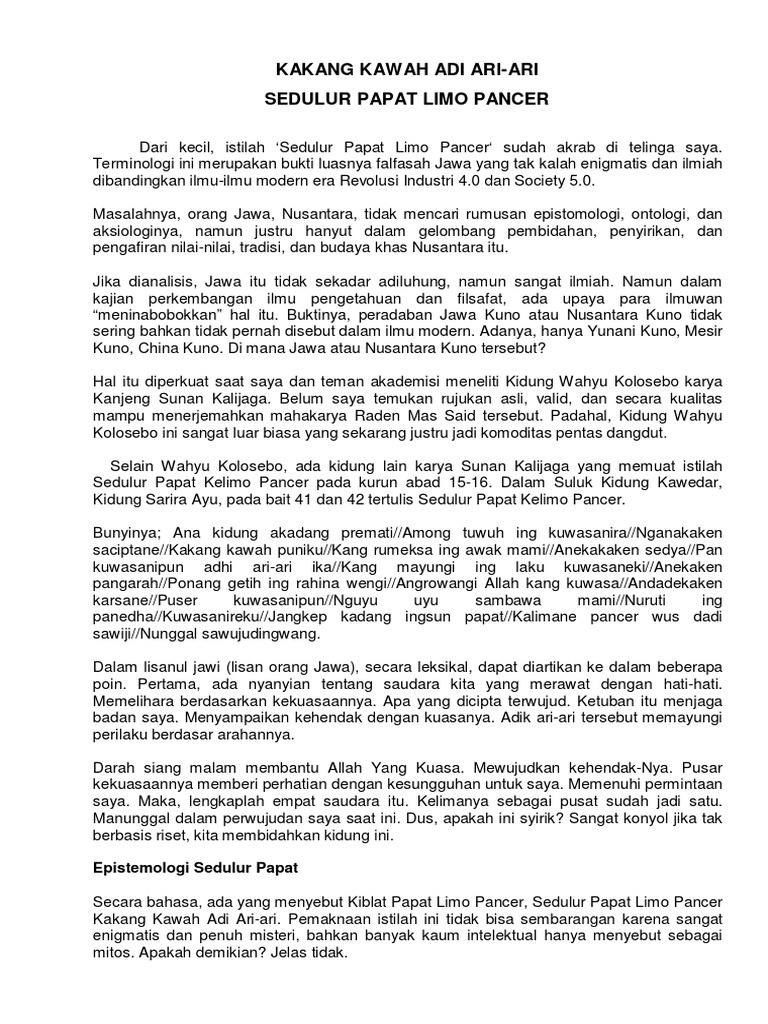 Kakang Kawah Adi Ari-Ari Sedulur Papat Limo Pancer | PDF