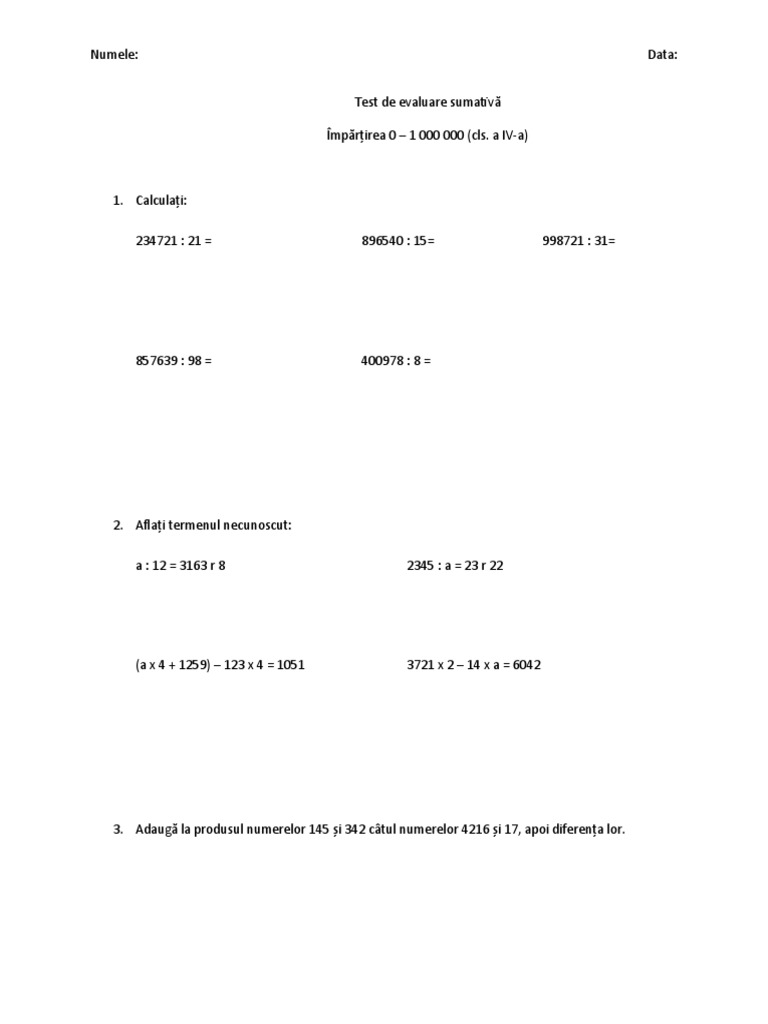 0 Test Matematica Impartirea | PDF