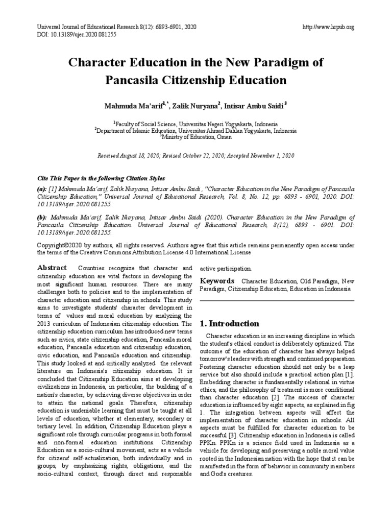 Character Education in The New Paradigm of Pancasila Citizenship ...