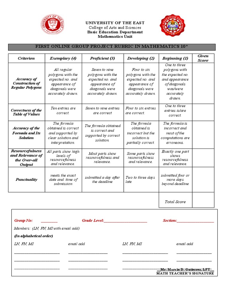 1st Project Rubric in Math 10 | PDF | Applied Mathematics | Mathematics