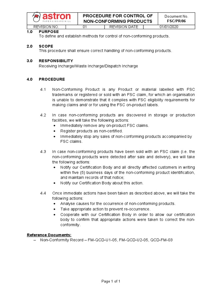 Non-Conforming Product Control Procedure | PDF | Finance & Money Management