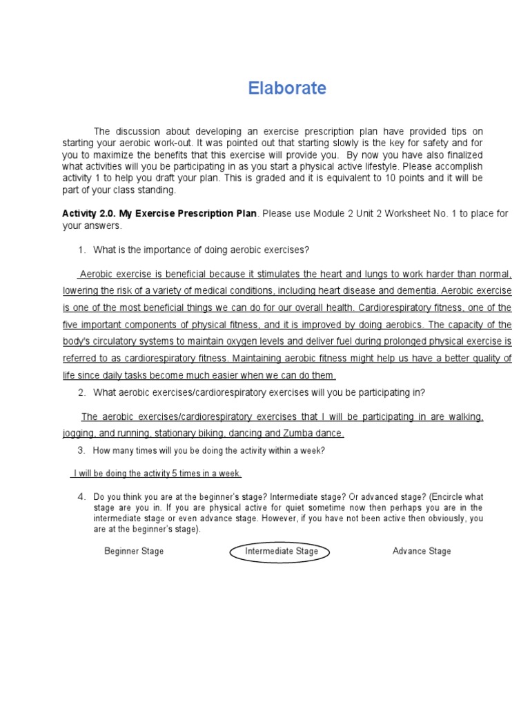 Elaborate: Activity 2.0. My Exercise Prescription Plan. Please Use Module 2 Unit 2 Worksheet No ...