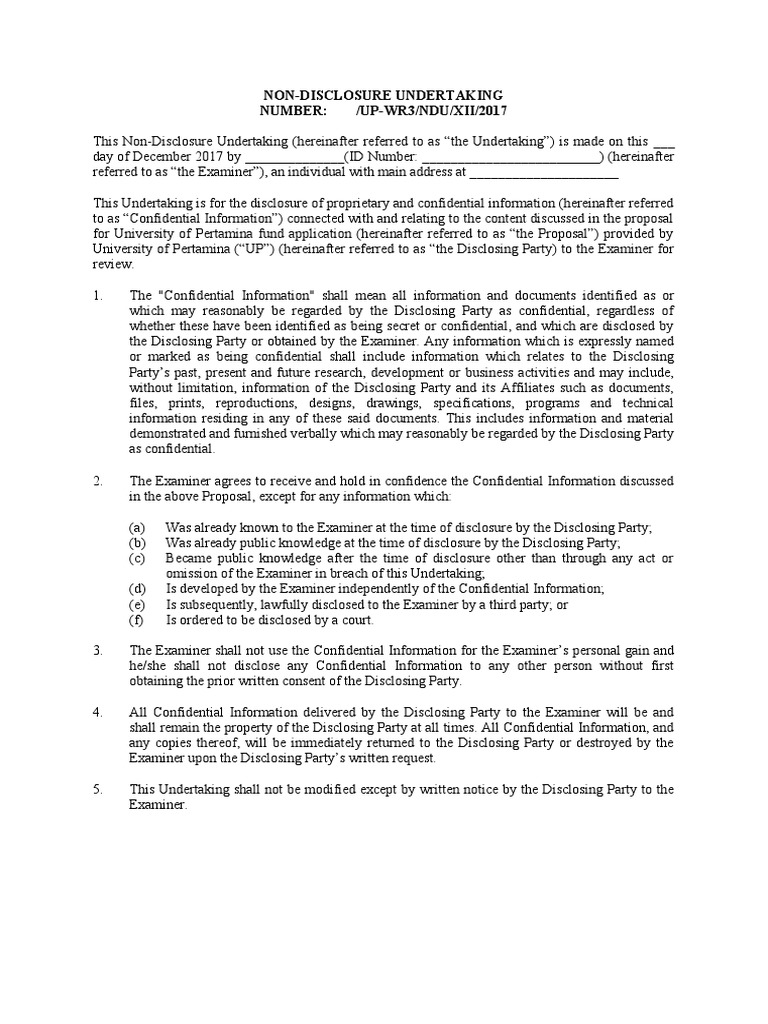 Non-Disclosure Undertaking Number: /Up-Wr3/Ndu/Xii/2017 | PDF ...