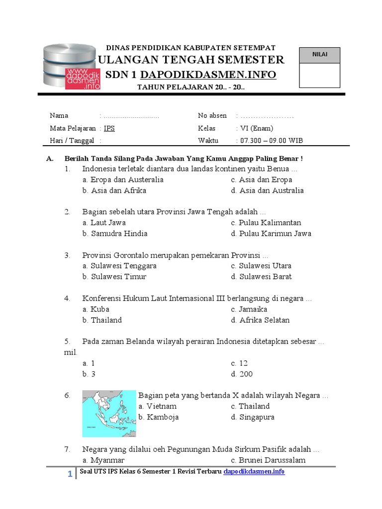 Soal UTS IPS Kelas 6 Semester 1 Dapodikdasmen - Info | PDF
