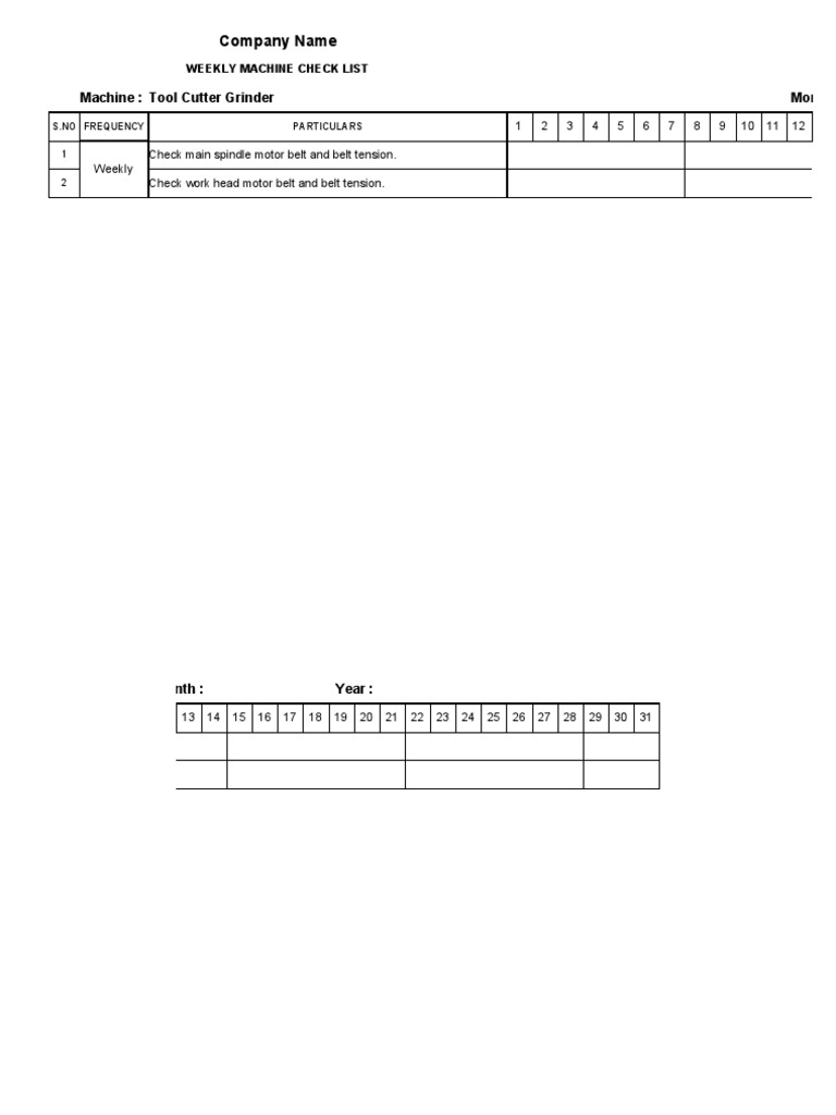 Weekly Machine Check List - Tool Cutter Grinder | PDF