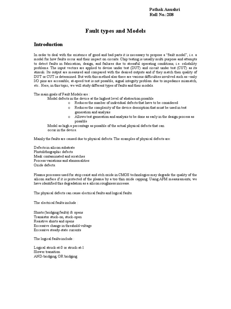 Fault Types and Models: Pathak Anushri Roll No.:208 | PDF | Electronic ...