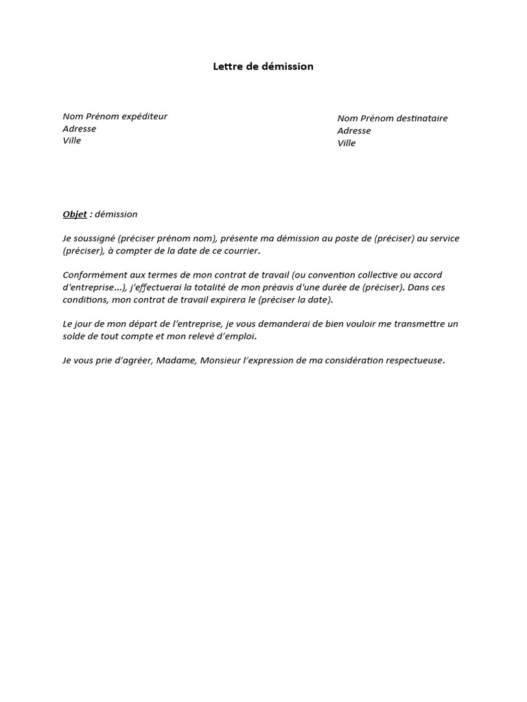 Modele Lettre Demission Belgique | PDF