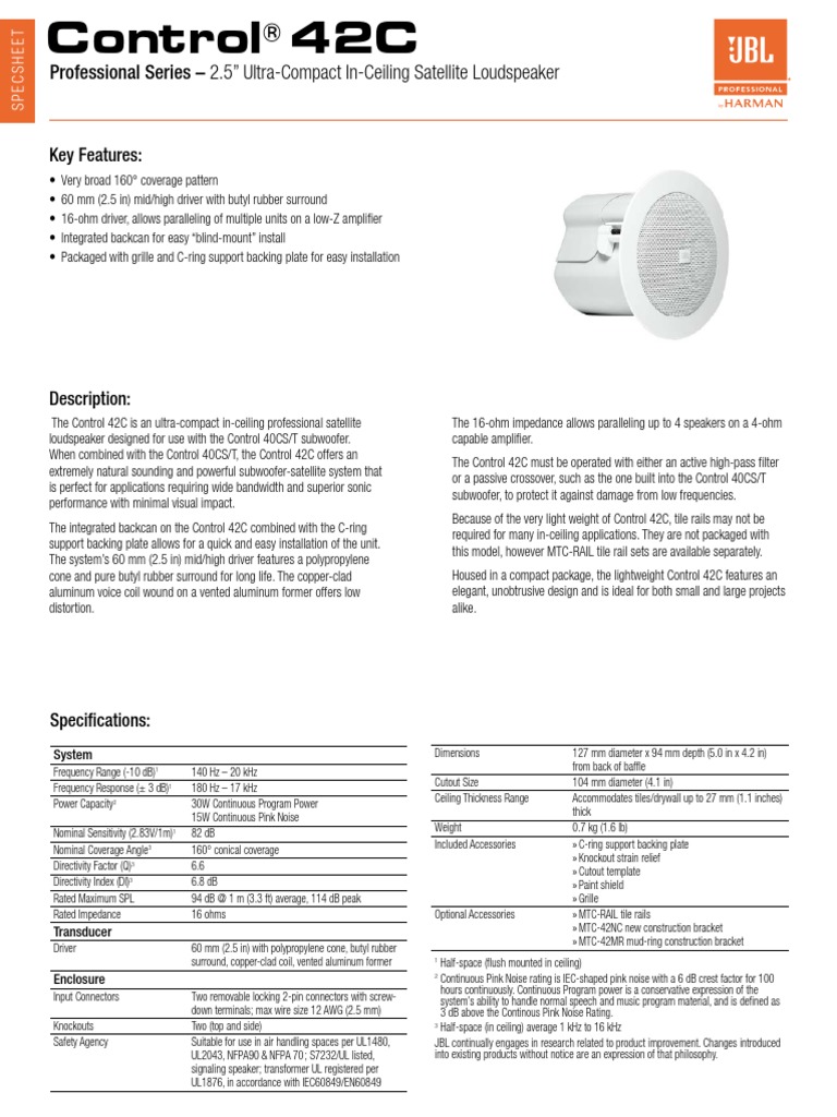 3-Control 42C Spec Sheet | PDF | Loudspeaker | Electronic Engineering