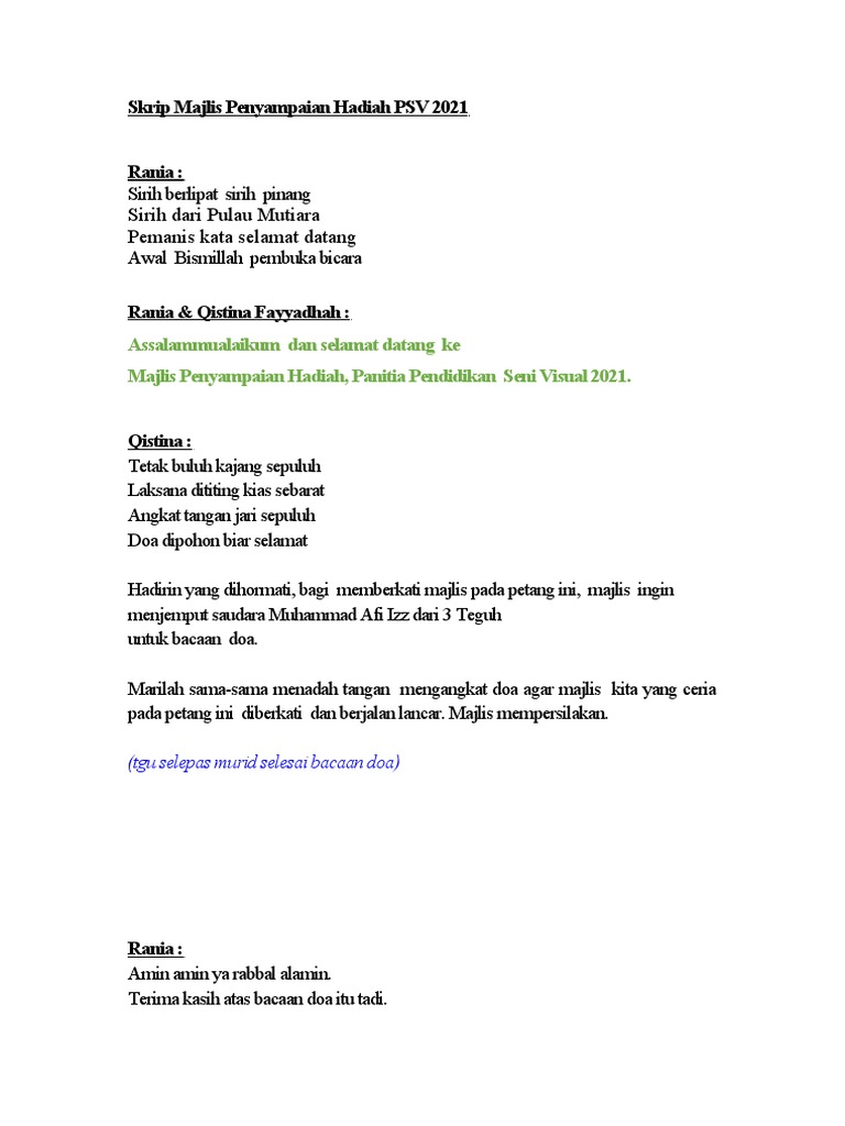 Skrip Majlis Penyampaian Hadiah PSV 2021 | PDF