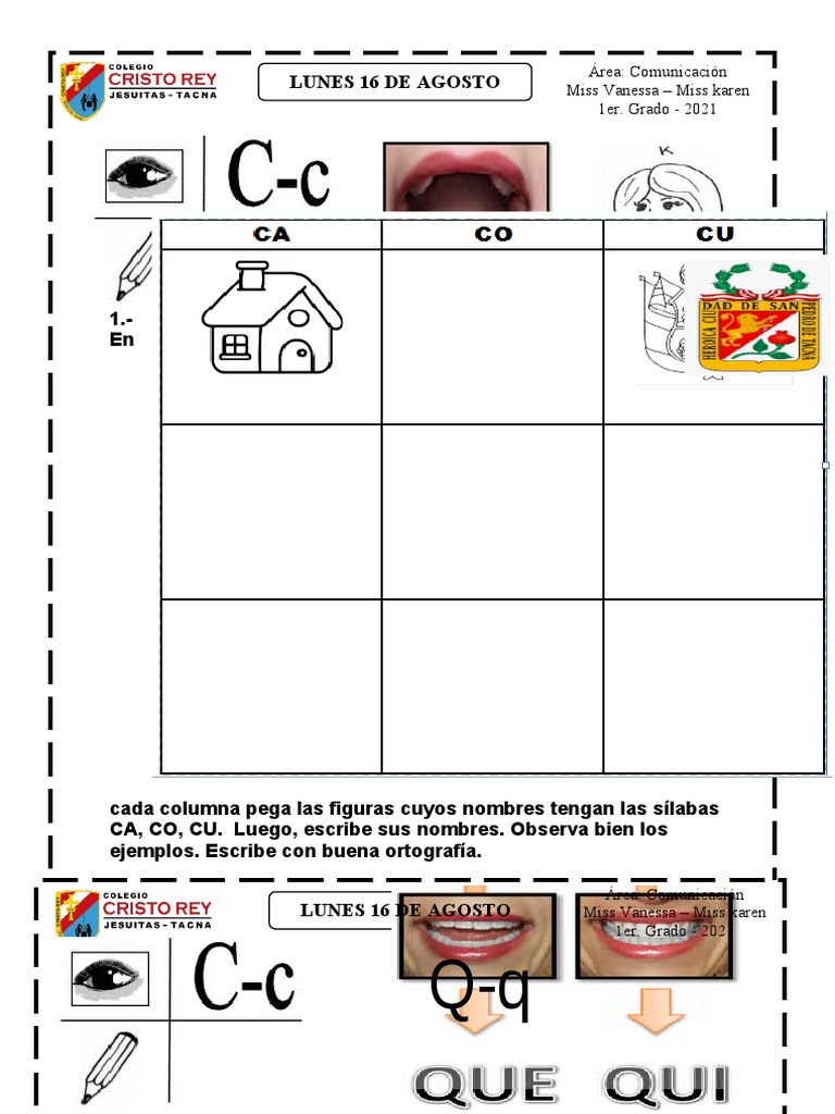 RECONOCIMIENTO DE LOS FONEMAS CA, CO, CU y QUE, QUI - LUNES 16 DE ...