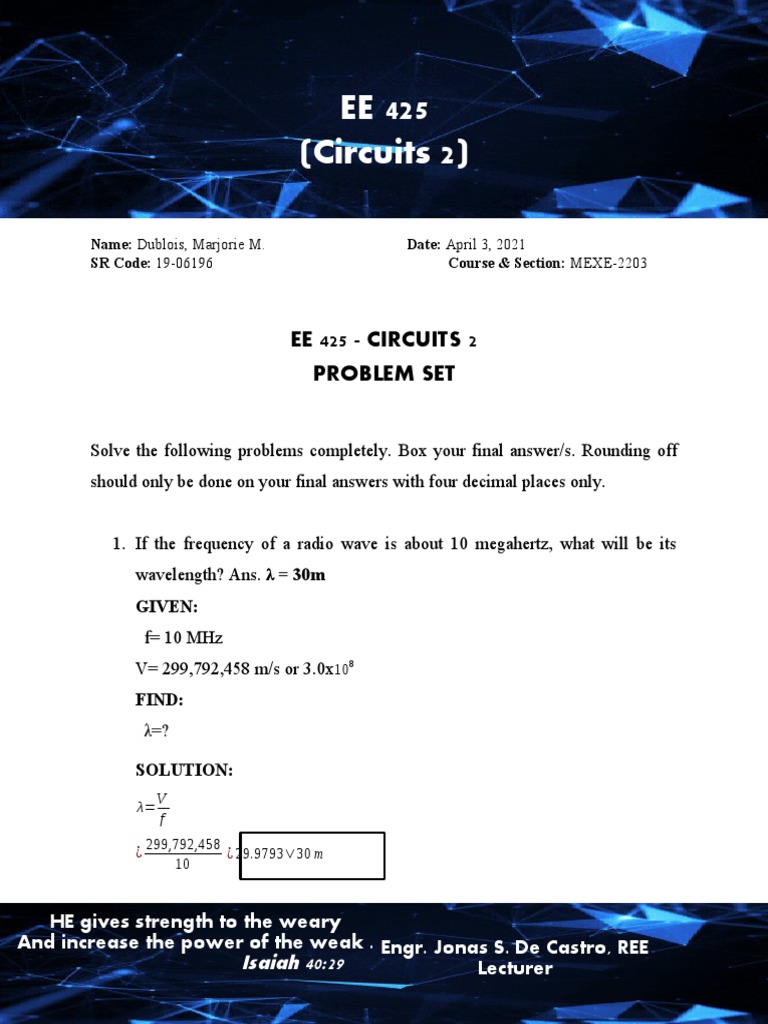 Ee 425 - Circuits 2 Problem Set | PDF | Wavelength | Waves