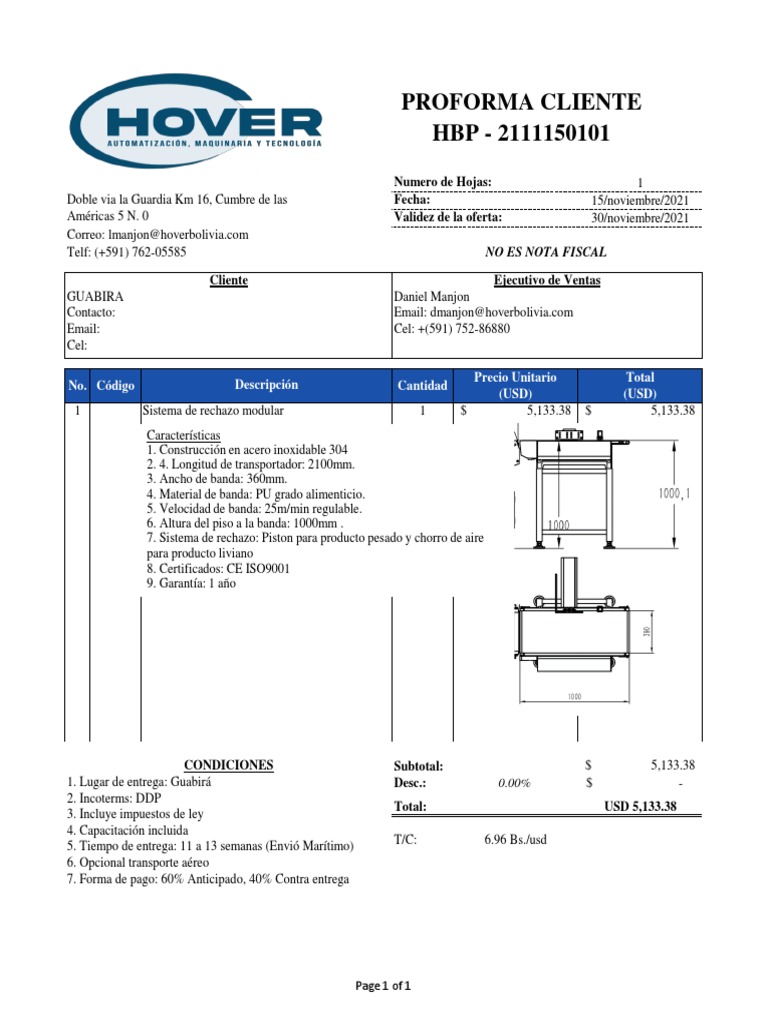 HBP - 2111150101 Proforma Cliente: Hover Bolivia de Luis Alberto Manjon Gomez Numero de Hojas ...