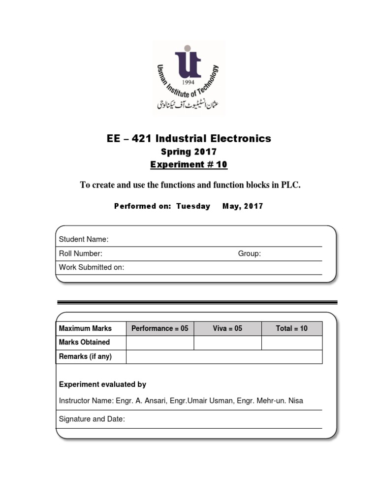 EE - 421 Industrial Electronics: Spring 2017 Experiment # 10 To Create ...