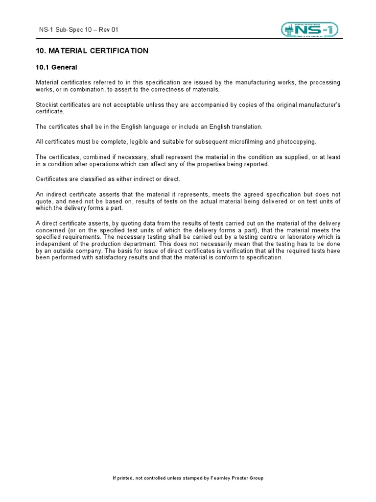 NS-1-10. Material Certification | PDF | Specification (Technical ...