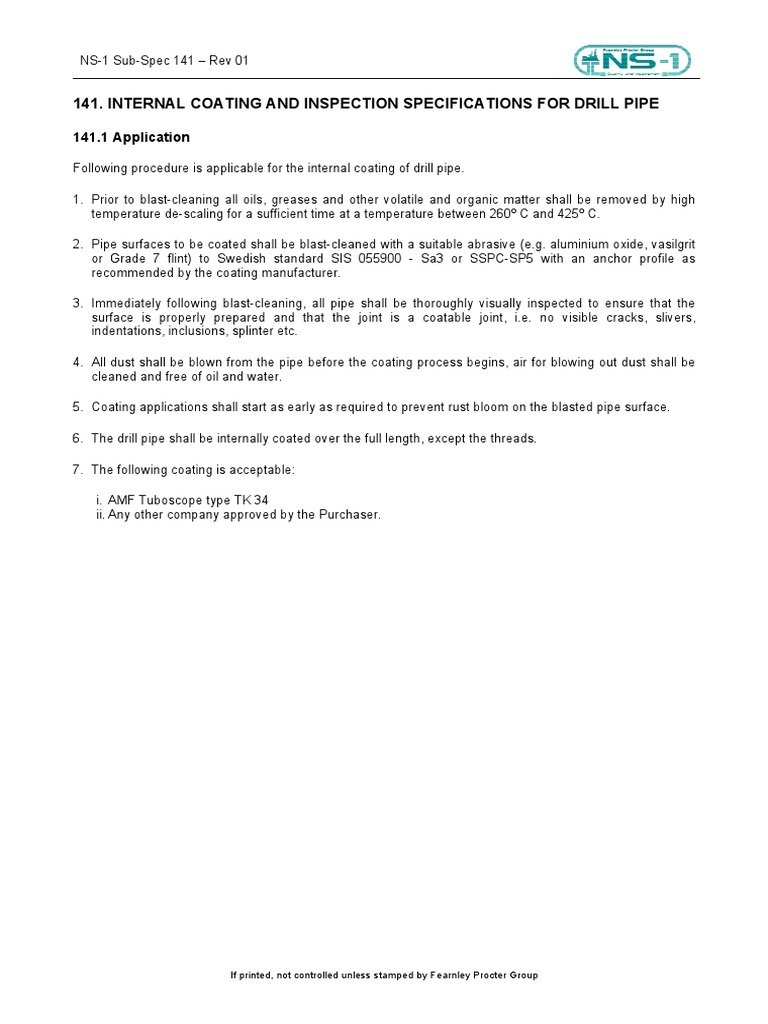 NS-1-141. Internal Coating and Inspection Specifications For Drill Pipe | PDF | Pipe (Fluid ...
