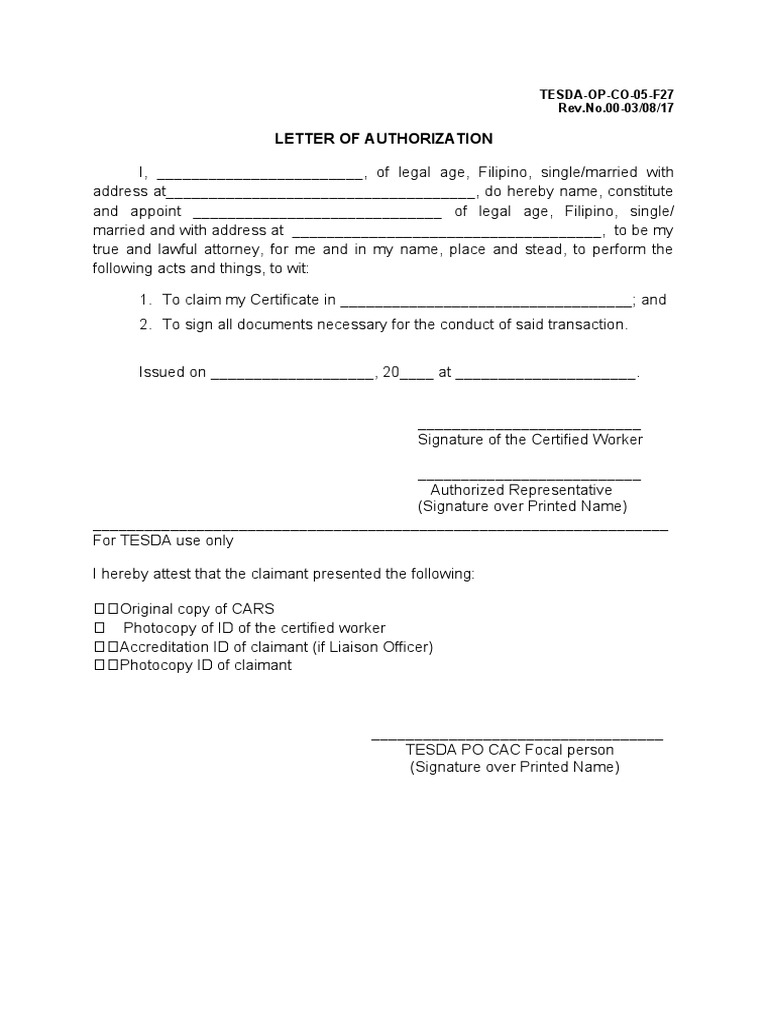 TESDA Authorization Letter Template | PDF