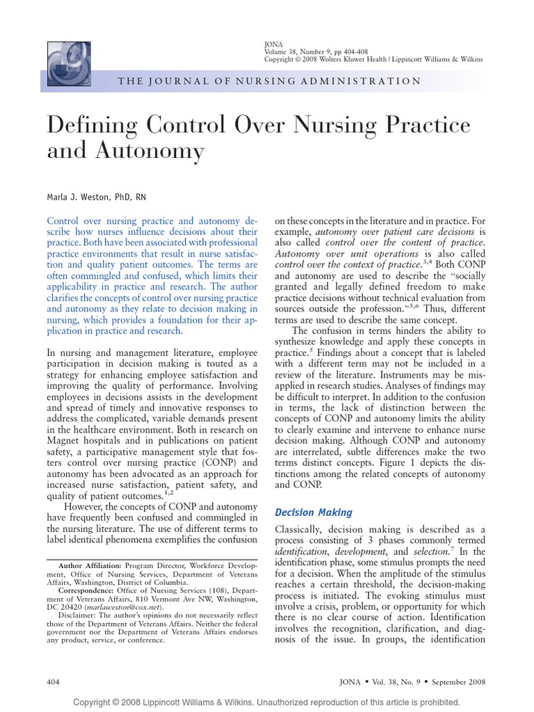 Weston 2008 Defining Control Over Nursing Practice Autonomy | PDF ...
