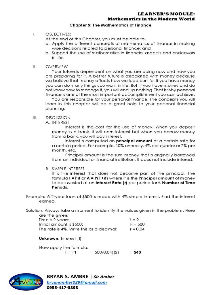 Chapter 8: The Mathematics of Finance: Learner'S Module: Mathematics in ...