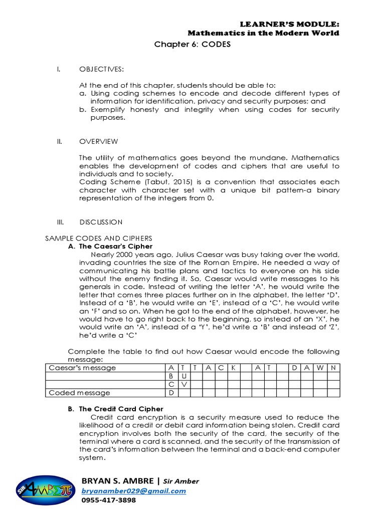 Chapter 6: CODES: Learner'S Module: Mathematics in The Modern World ...