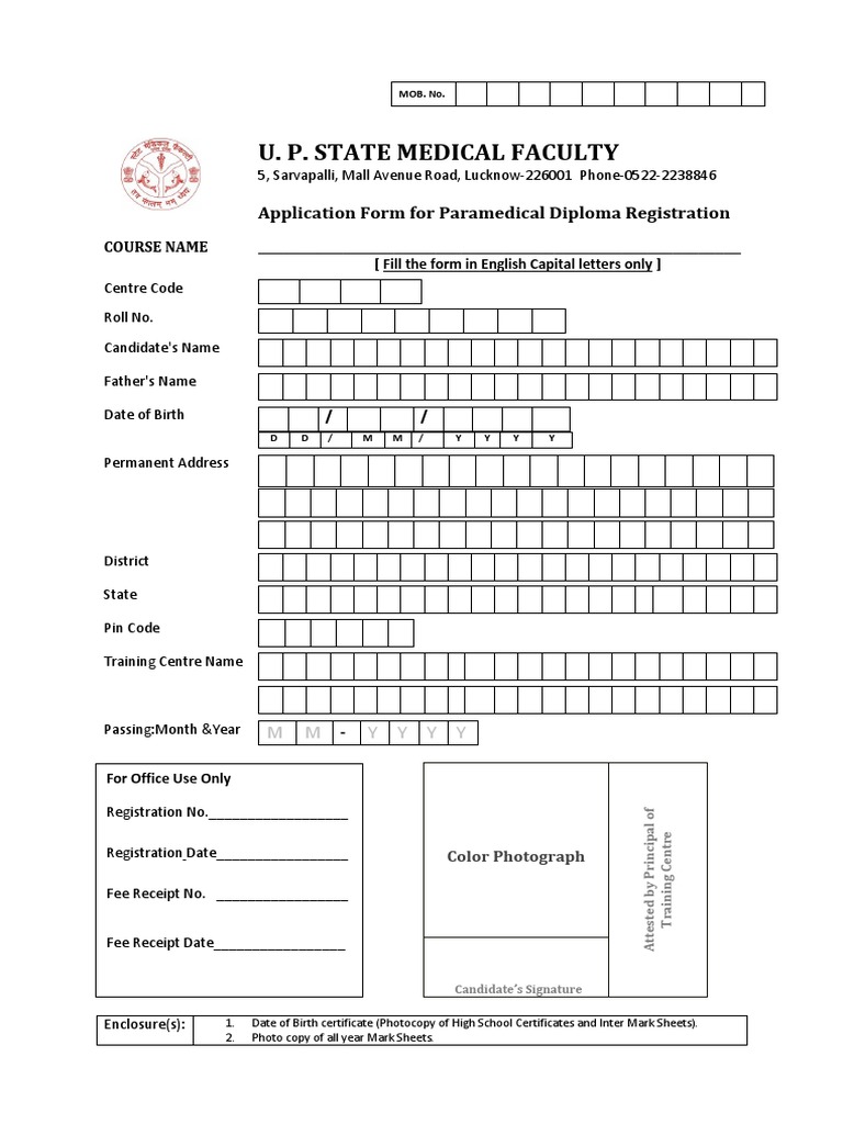 U. P. State Medical Faculty: Application Form For Paramedical Diploma ...