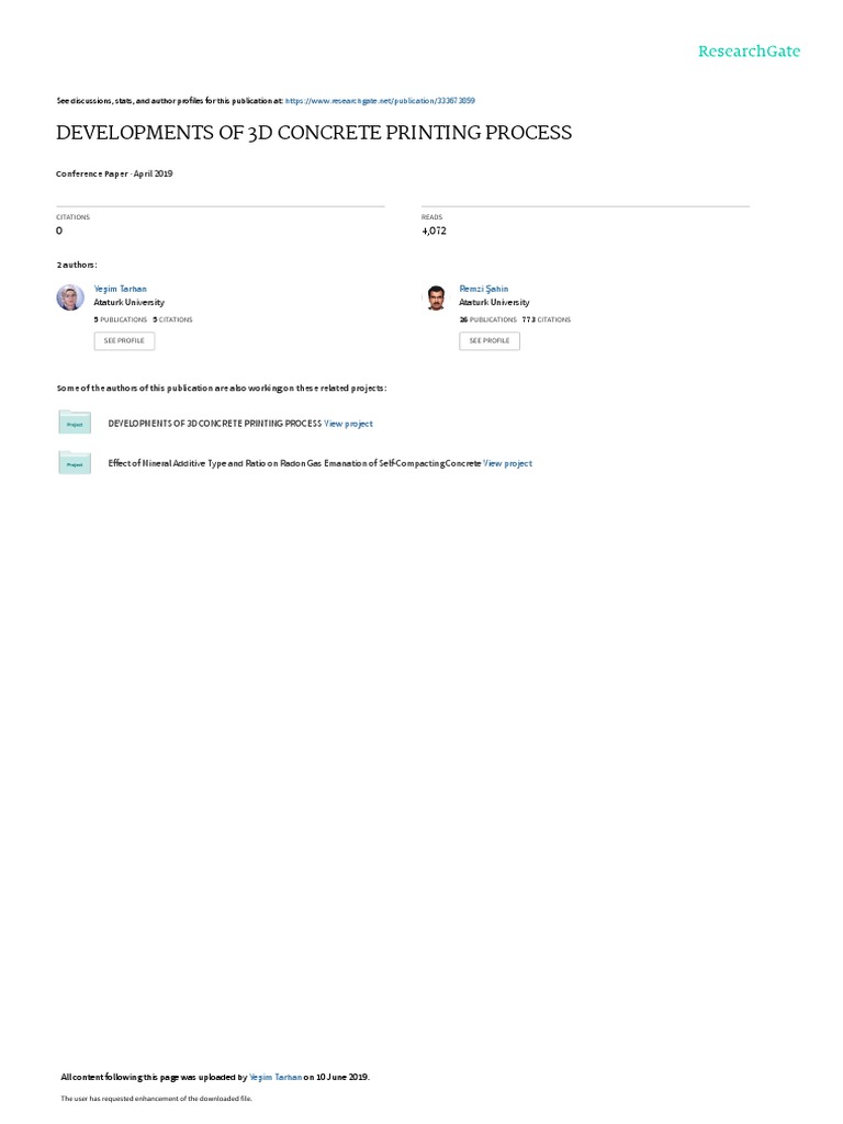 Developments of 3D Concrete Printing Process: April 2019 | PDF | 3 D Printing | Concrete