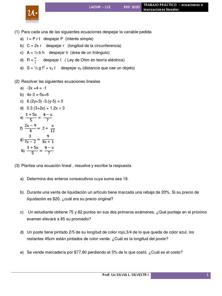 TP Ecuaciones e Inecuaciones Lineales | PDF | Ecuaciones | Desigualdad (Matemáticas)