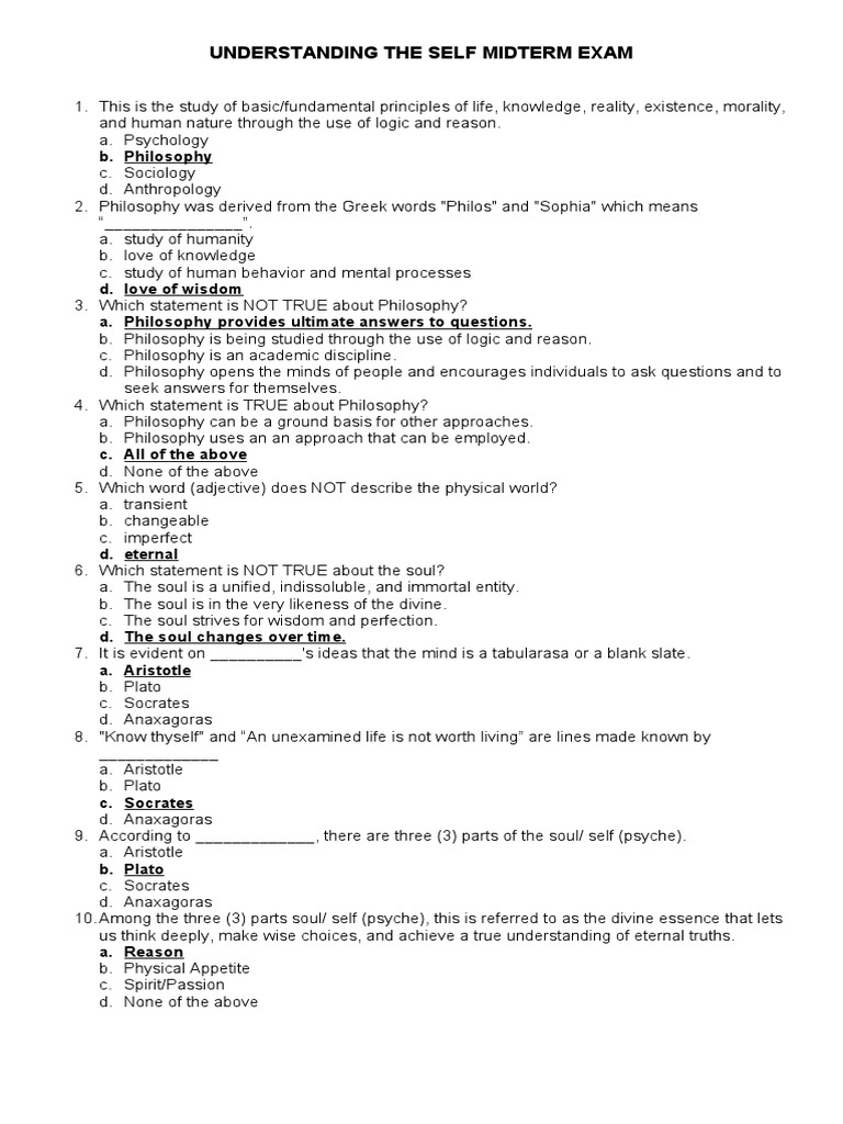 Understanding The Self Midterm Exam Pdf Id Philosophy Of Self