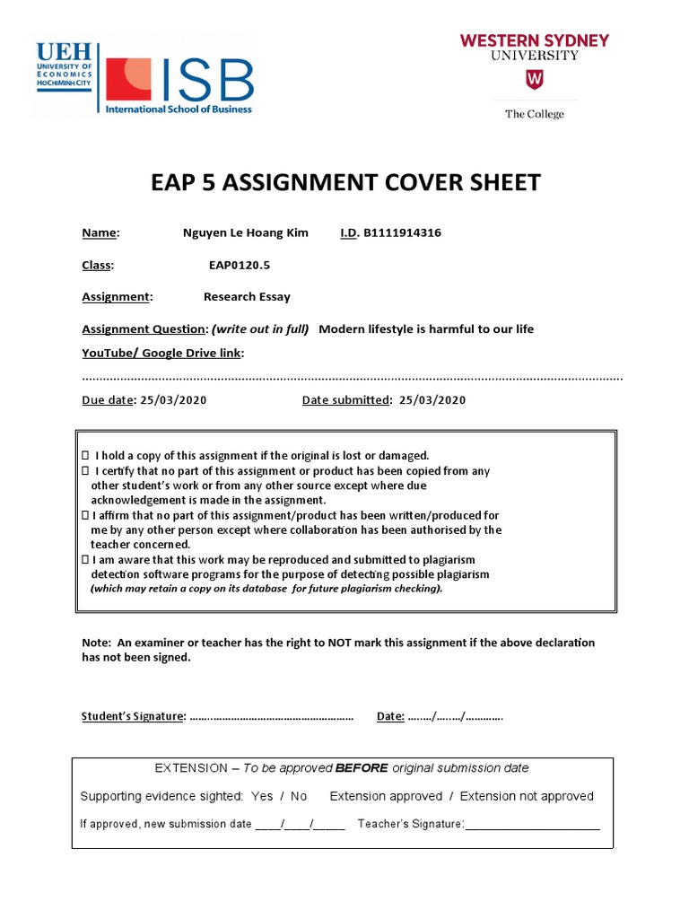 Eap 5 Assignment Cover Sheet: Has Not Been Signed | PDF | Water Pollution | Obesity