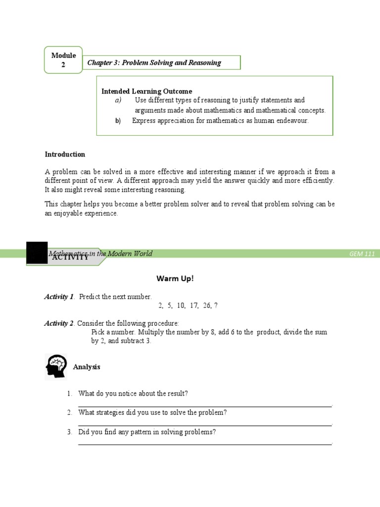 Chapter 3: Problem Solving and Reasoning: Warm Up! | PDF | Inductive Reasoning | Reason