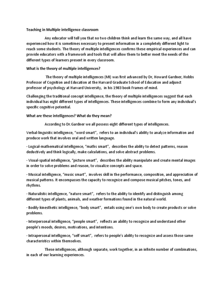 Teaching in Multiple Intelligence Classroom | PDF | Intelligence | Learning