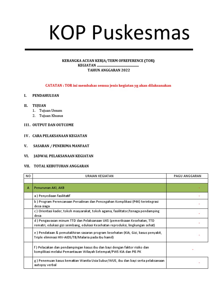 Format Tor Puskesmas - 2022 | PDF