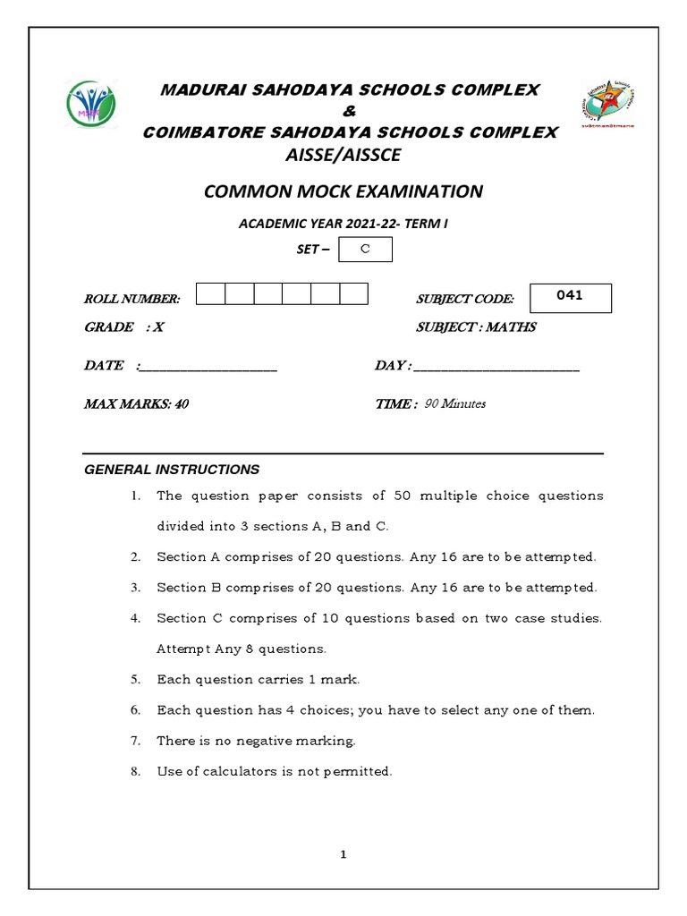 X Maths Standard QP Set C | PDF | Area | Equations