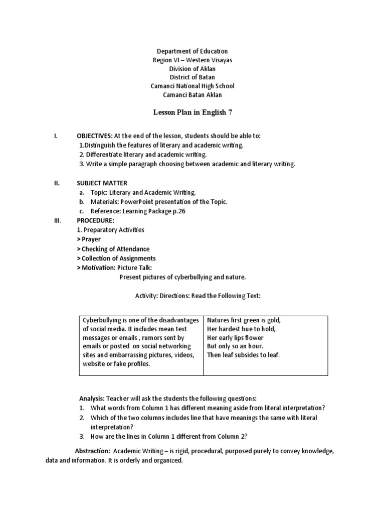 Lesson Plan in English 7-Literary & Academic Writing | PDF | Lesson ...