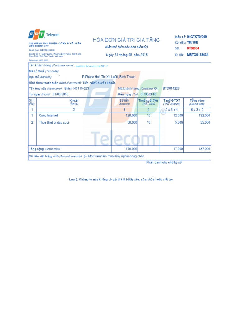 Invoice for Internet and Telecom Equipment Services from August 1-31 ...
