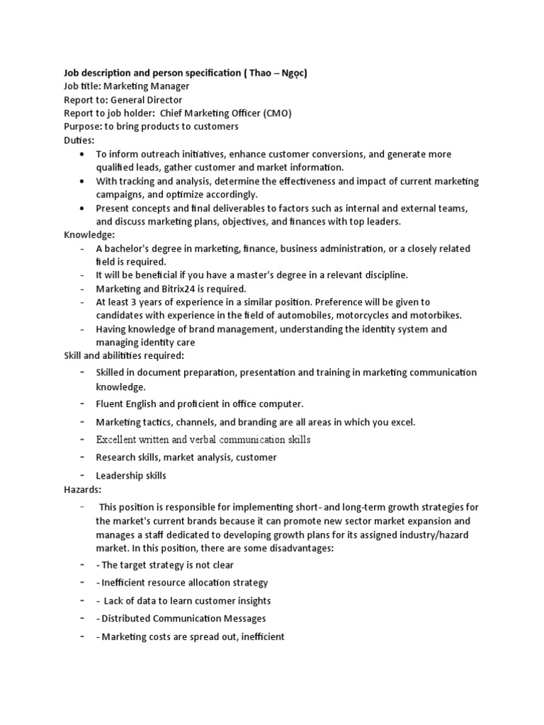 Marketing Manager Job Specification | PDF | Marketing | Brand