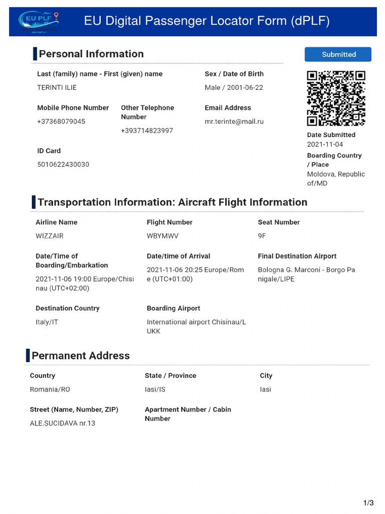 EU Digital Passenger Locator Form (DPLF) | PDF