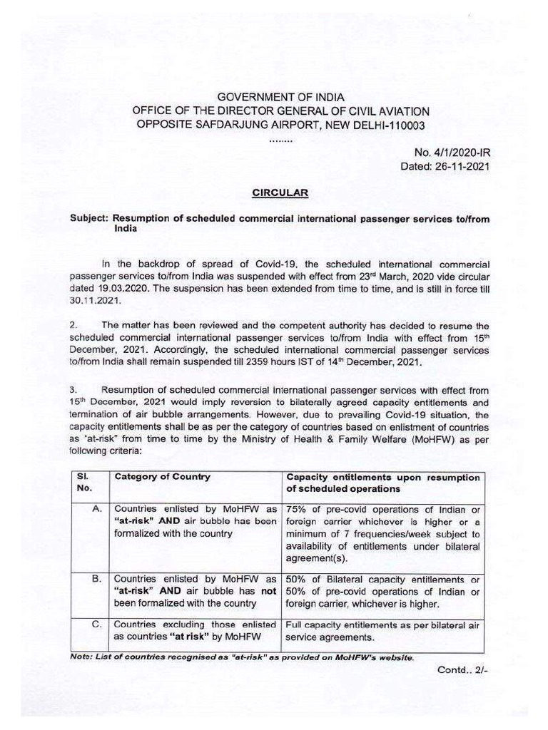 Resumption of Scheduled International Flights To and From India | PDF