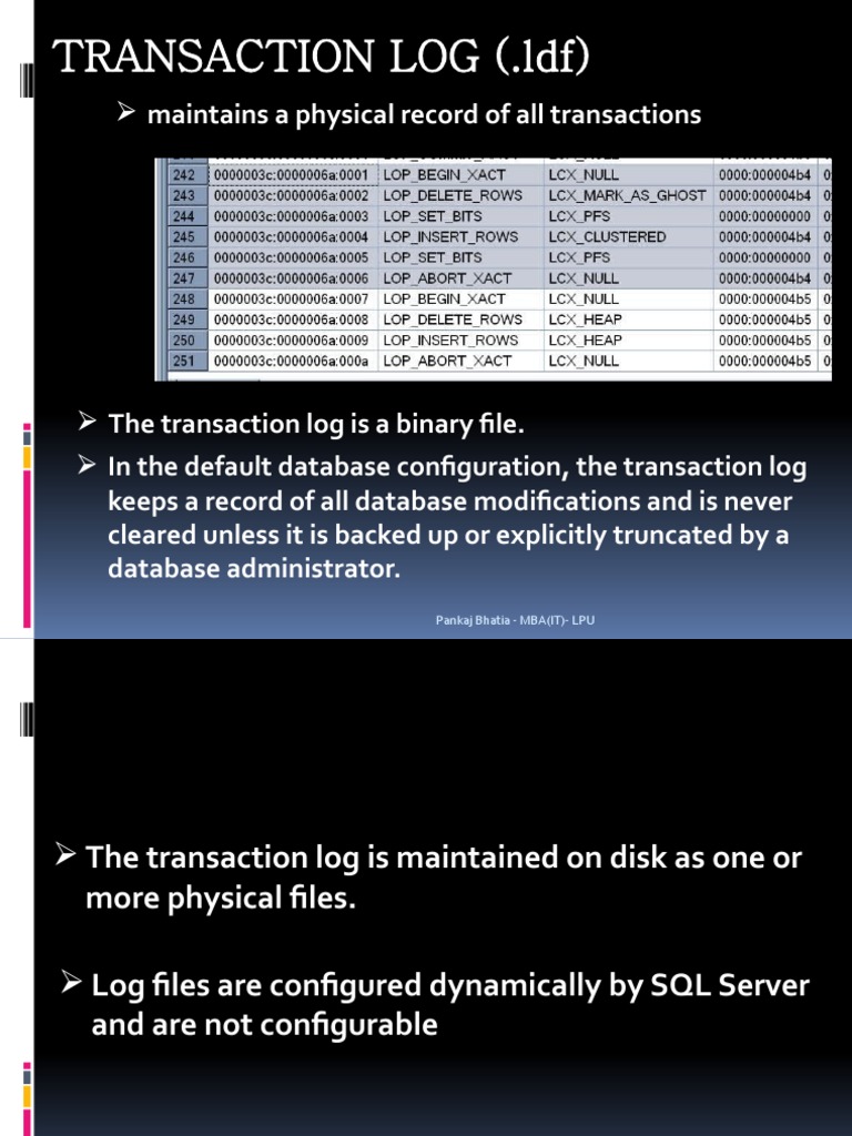 Transaction Log (.LDF) : Maintains A Physical Record of All Transactions | PDF | Database ...