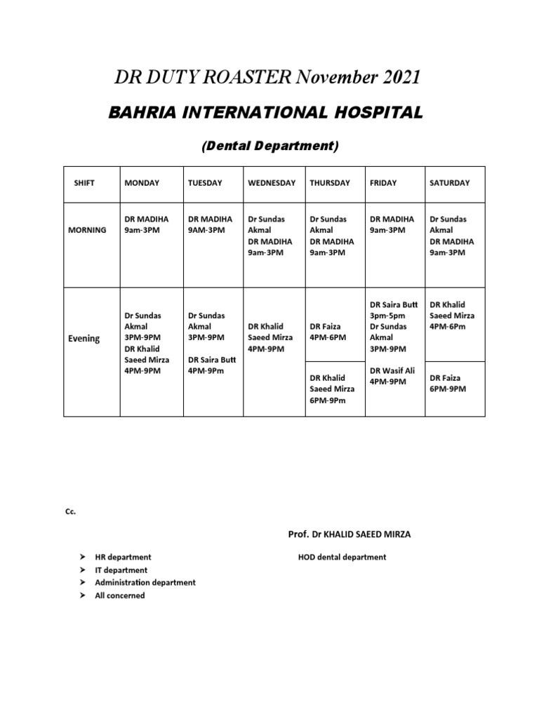 DR DUTY ROASTER November 2021: Bahria International Hospital | PDF