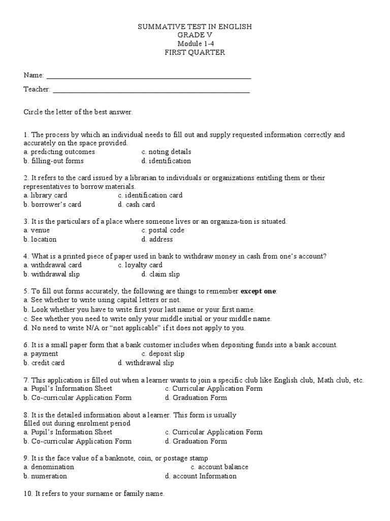 G5 Summative Test in English | PDF | Banks