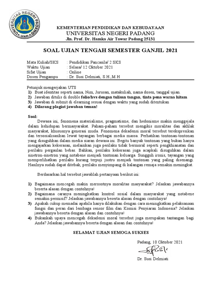 Soal UTS Pendidikan PAncasila - UNP - GAnjil 2021 | PDF | Karier & Perkembangan