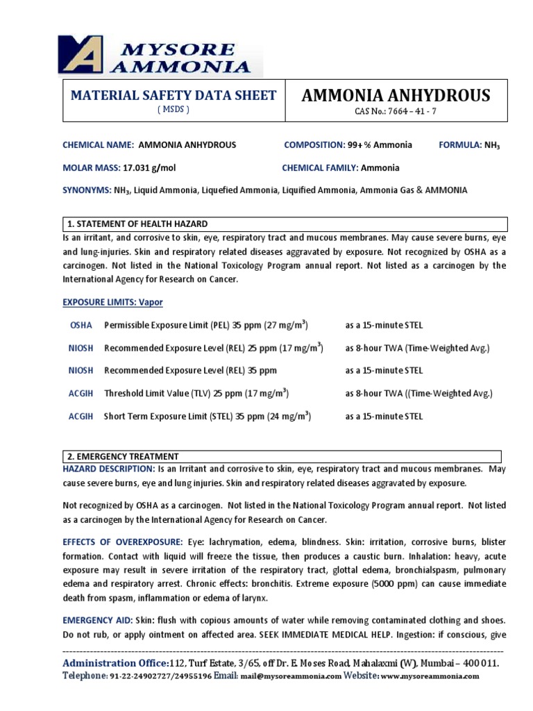 Anhydrous Ammonia Msds | PDF | Dangerous Goods | Ammonia