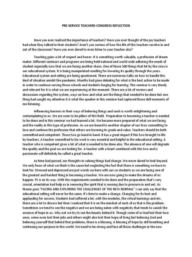 Pre Service Teachers Congress Reflection | PDF | Teachers | Cognition