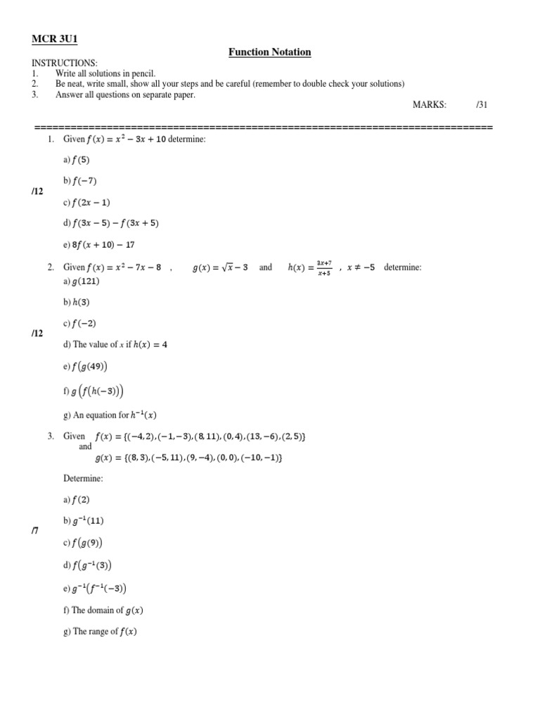Function Notation Assessment 2 | PDF
