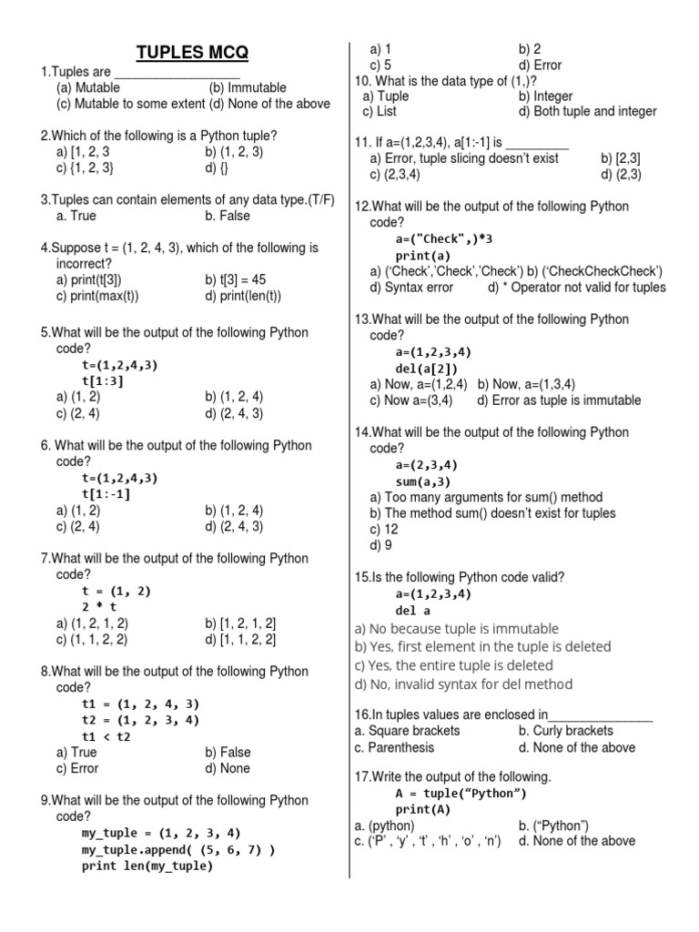 Python Tuples Lists And Dictionary Mcq Cs 12 Pdf Bracket Programming Paradigms 