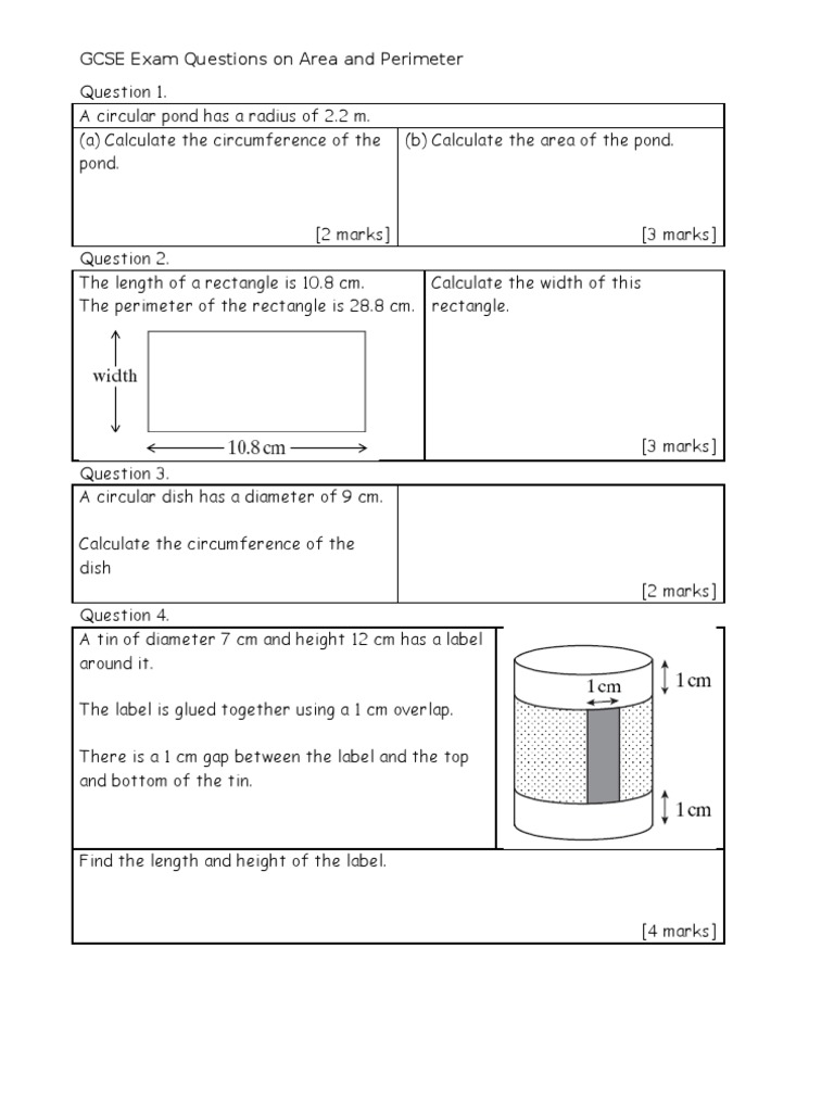 Gcse Exam Questions On Area and Perimeter | PDF | Area | Sphere