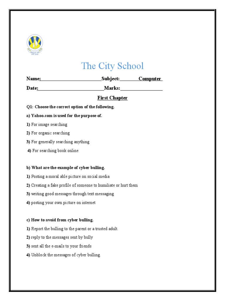 ICT First Chapter Exercise | PDF | Cyberbullying | Password