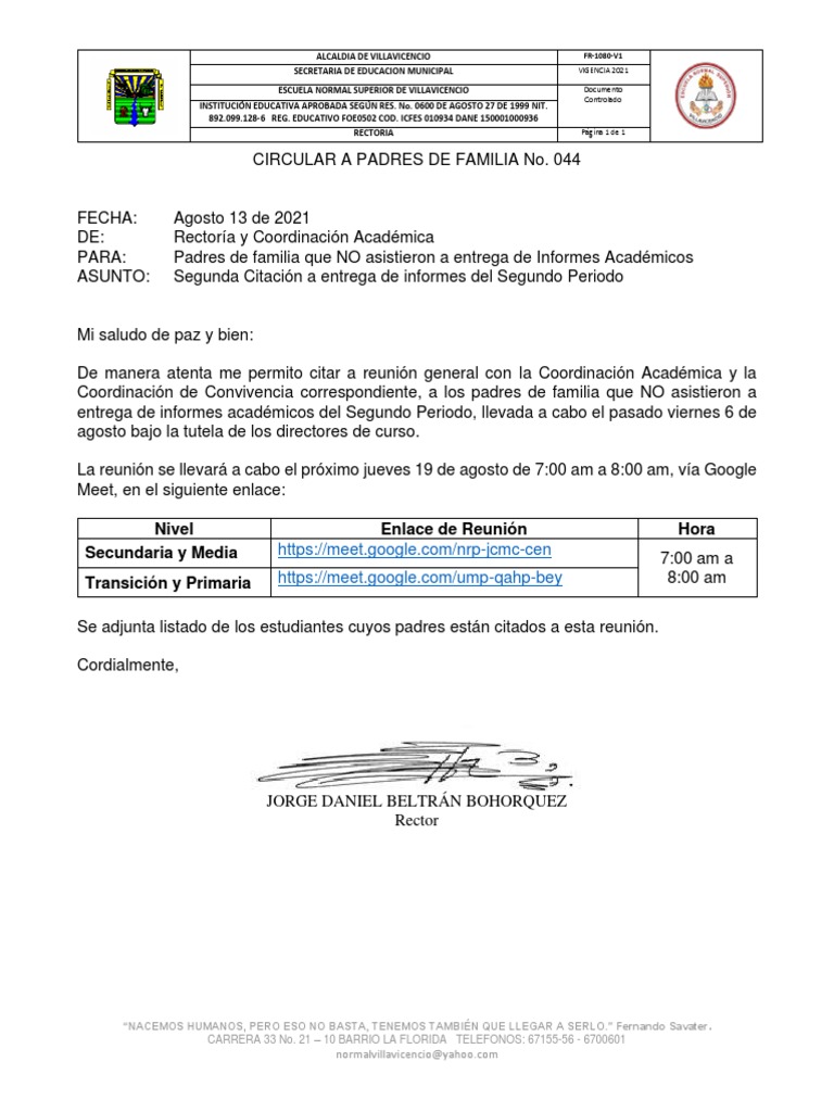 Circular 044 Segunda Citación Informes 2p | PDF